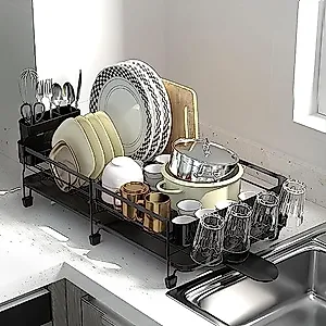 SuperOrganize Dish Drying Rack, Expandable (9.45"-12.6") Dish Rack with Drainboard, Dish Drainers for Kitchen Counter, Stainless Steel Kitchen Drying Rack with 360°Swivel Spout and Utensil Holder