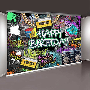 Sensfun Graffiti 80's 90's Birthday Backdrop Urban Retro Hip Hop Birthday Party Background Gold Chain Glasses Cartridge Tape Recorder Disc Rock Birthday Decoration Banner Photo Booth Props 7x5ft