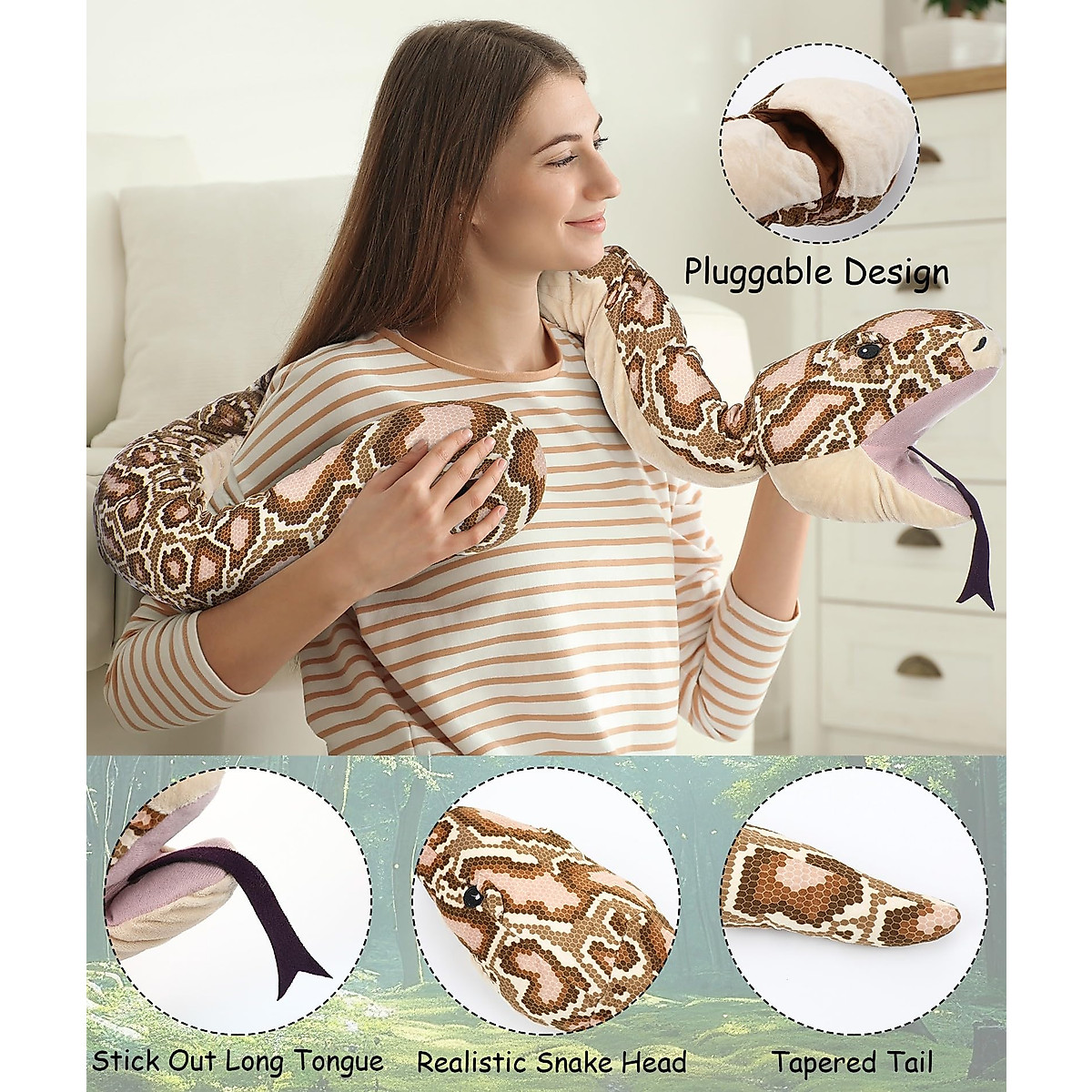 Giant Python Plush Stuffed Snake - 66.92Inch Snake Plush Toy Hand Puppet, Python Pillow Cushion Gifts for Birthday djungelskog Party Prank Props