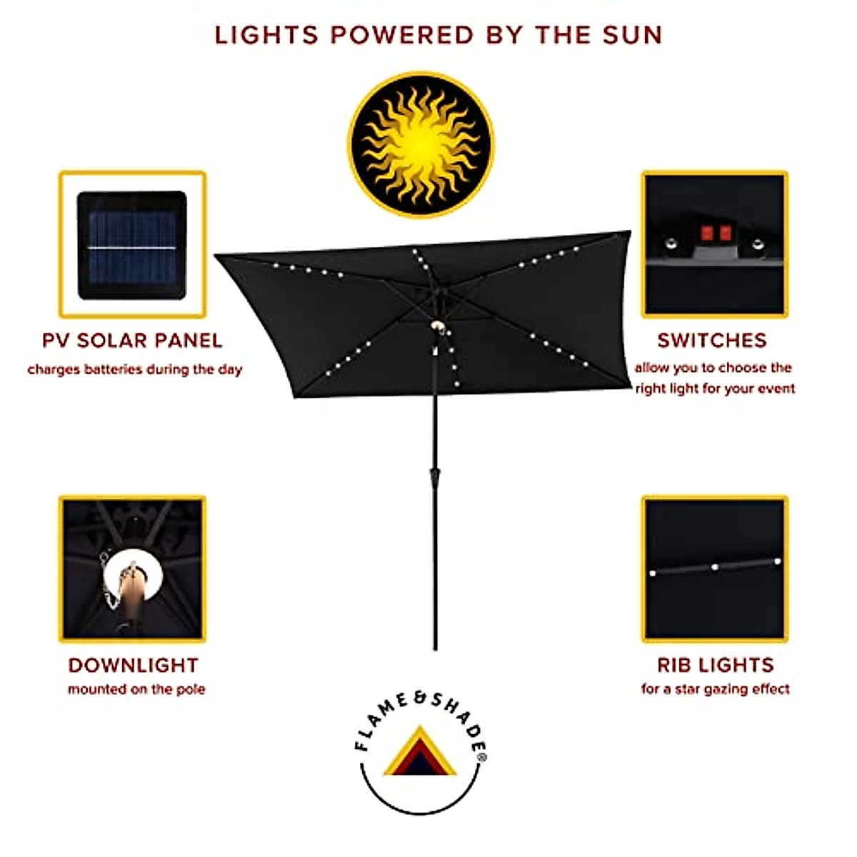FLAME&SHADE 6.5 x 10 ft Rectangular Solar Powered Outdoor Market Patio Table Umbrella with LED Lights and Tilt, Black
