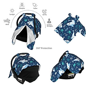 Rutiea Sharks and Fishes Car Seat Cover for Babies, Peekaboo Opening Minky Carseat Canopy Stroller Cover for Newborn, Mom Nursing Breastfeeding Covers, Blanket for Infant Toddler