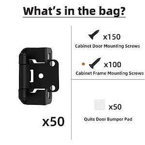 Decobasics 1/2" Overlay Semi Partial Wrap Around Kitchen Cabinet Hinges (25 Pair -50 Pack) - Self Closing Matte Black Cabinet Hinges for Kitchen Cabinets w/Cupboard Silicon Bumpers & Upgraded Screws