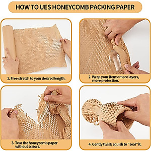 Honeycomb Packing Paper, 15"x200' Honeycomb Cushioning Bubble Wrap Paper Roll for Moving Shipping Breakables Packaging Gifts with 20 Fragile Sticker Biodegradable & Fully Recyclable Brown Kraft