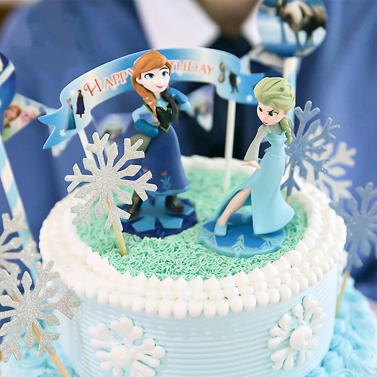 PartyWoo Frozen Cake Toppers, 20 pcs Snowflakes Cupcake Topper, Happy Birthday Cake Topper Set, Silver and Blue Birthday Cake Topper for Frozen Birthday Decorations, Glitter Cake Decorations