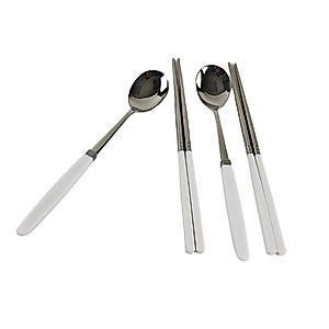 (Set of 2) Modern Style Reusable Premium Stainless Steel Spoon & Chopstick Set, Lightweight, Dishwasher Safe, Made in Korea (White)