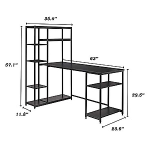 Modern Luxe L-Shaped Corner with Bookshelf 2-Pieces Computer PC Table Set Home Office Desk with Shelves, Black