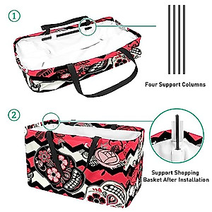 KQNZT Reusable Grocery Bags, Heavy Duty Reusable Shopping Bags, Large Tote Bags with Long Handles and Reinforced Bottom, Pink Skull Flowers Mexican Style