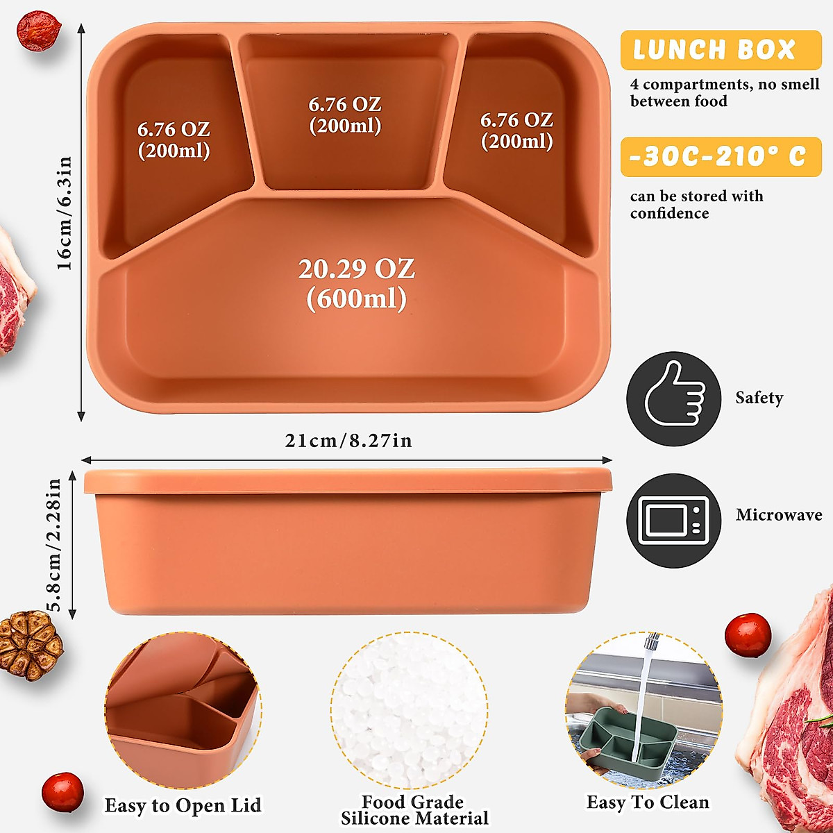 Baderke 2 Pcs Leak Proof Silicone Bento Box Lunchbox with 4 Compartments Reusable Lunch Containers Bento Box for Kids Adults Microwave Dishwasher Freezer Christmas Gift