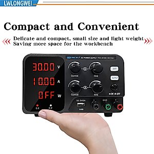 LWLONGWEI DC Power Supply Variable,30V 10A Adjustable Switching Regulated DC Bench Power Supply with 4-Digits LED Power Display 5V/2A USB Output, Coarse and Fine Adjustments Black