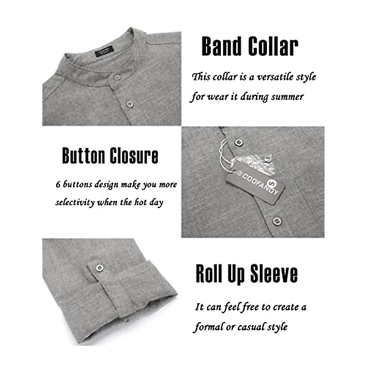 COOFANDY Men's Cotton Henley Shirt Long Sleeve Slim Fit Linen Casual Summer Beach Hippie T Shirt Light Grey