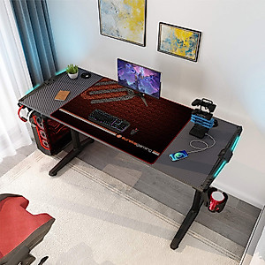 DESIGNA 55 Inch Gaming Desk with Led Lights, RGB Large Gaming Computer Desk with Free Mouse Pad,PC Gaming Table Gamer Desk Workstation with USB Handle Rack, Cup Holder,Headphone Hook, Black