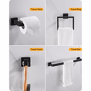 Hinmood Matte Black Bathroom Hardware Set, 5 Pieces Hardware Accessories Set SUS304 Stainless Steel Bath Towel Bar Set, Wall Mounted Towel Rack for Bathroom (Black, 16 Inch)