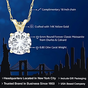 Gem Stone King 14K Yellow Gold Forever Classic Moissanite from Charles & Colvard Solitaire Pendant Necklace For Women (0.80 Cttw, Round 6MM, with 18 Inch 14K Yellow Gold Chain)