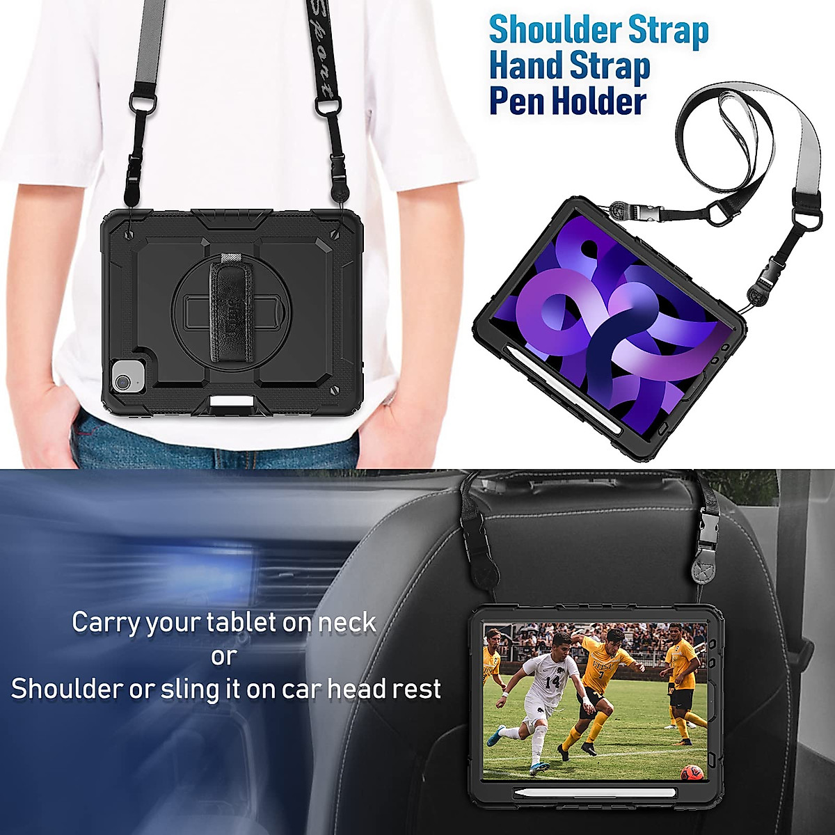 Timecity Case for iPad Air 5th Generation 2022/ for iPad Air 4th Generation 2020-10.9 inch, Durable Sturdy Protection Case with Pencil Holder Screen Protector [360 Rotating Stand] Hand Strap- Black