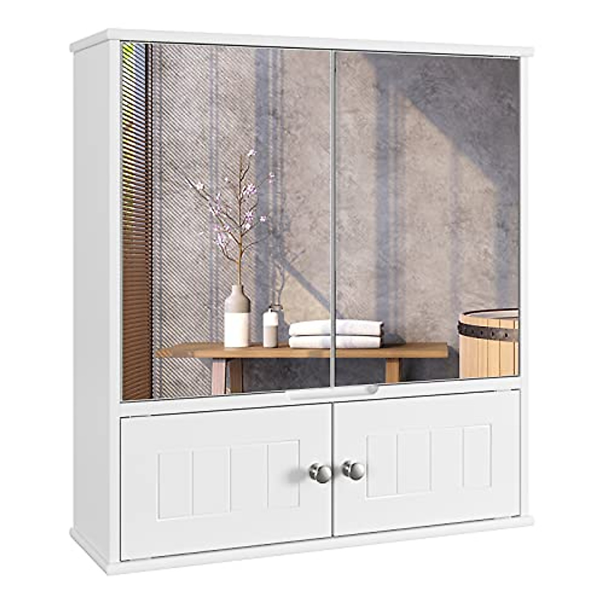 URKNO Bathroom Medicine Cabinet with Double Mirror Doors, Wood Hanging Wall Cabinet with Adjustable Shelf, Mirror Storage Cabinet for Bathroom, Living Room, White