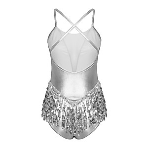 JEATHA Women Sequin Mesh Patchwork Camisole Ballet Leotard Crisscross Back Tassel Hem Gymnastic Dancewear Silver Medium