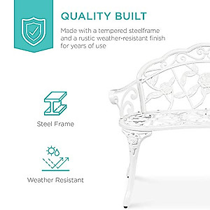 Best Choice Products Outdoor Bench Steel Garden Patio Porch Loveseat Furniture for Lawn, Park, Deck Seating w/Floral Rose Accent, Antique Finish - White