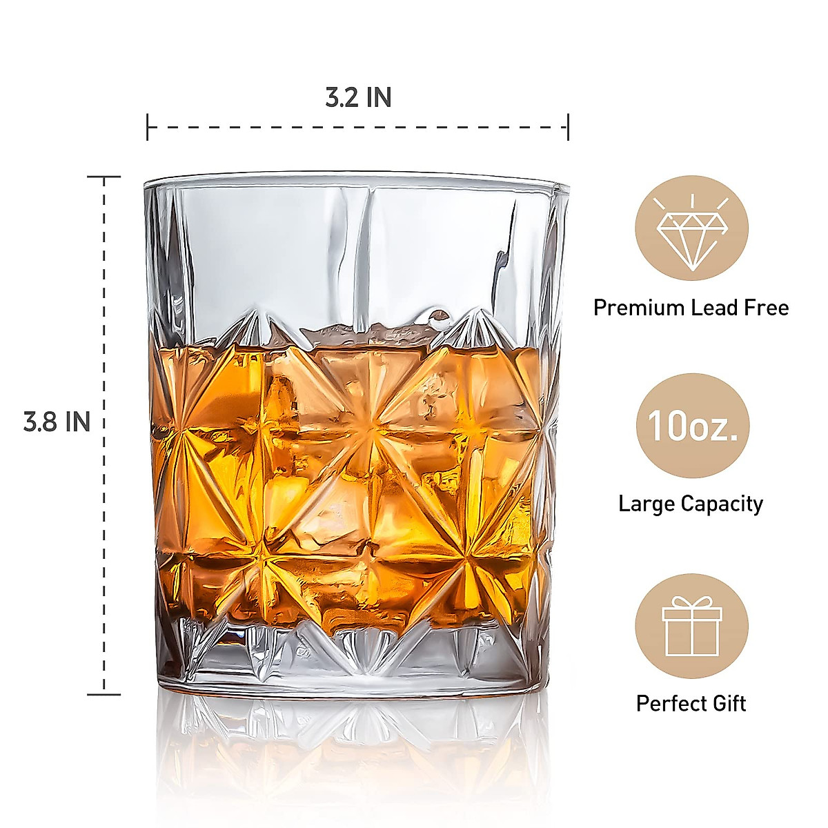 Whiskey Glasses Set of 2 Rocks Glasses & 2 Ice Molds, Lowball Bourbon Glass with Gift Box,10oz Cocktail Old Fashioned Glasses for Cognac Scotch Liquor Whisky, Whiskey Valentines Day Gifts for Men