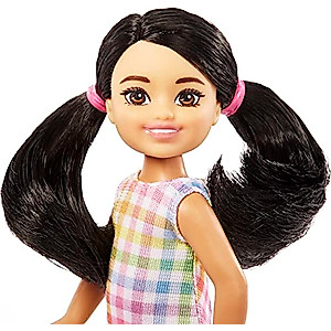 Barbie Chelsea Doll, Small Doll with Black Hair in Pigtails & Brown Eyes Wearing Removable Plaid Dress & Pink Shoes