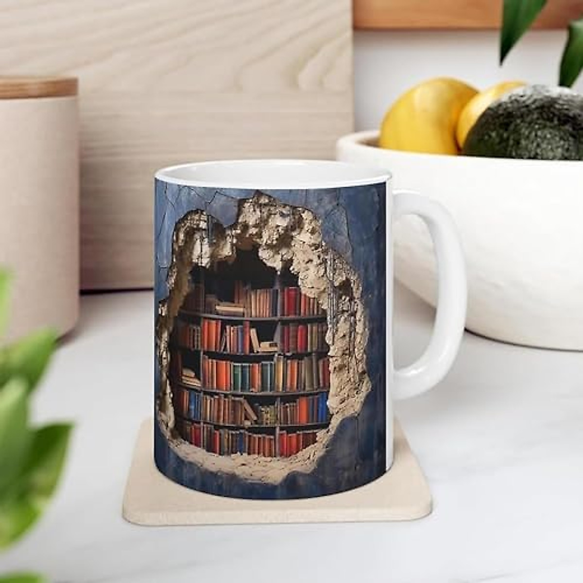 3D Effect Books Mugs, 3D Bookshelf Mug, Creative Space Design Multi-Purpose Mugs, Book Lovers Coffee Mug, Library Bookshelf Mug, Cute Mug Ceramic Coffee Mugs for Women and Men (A)