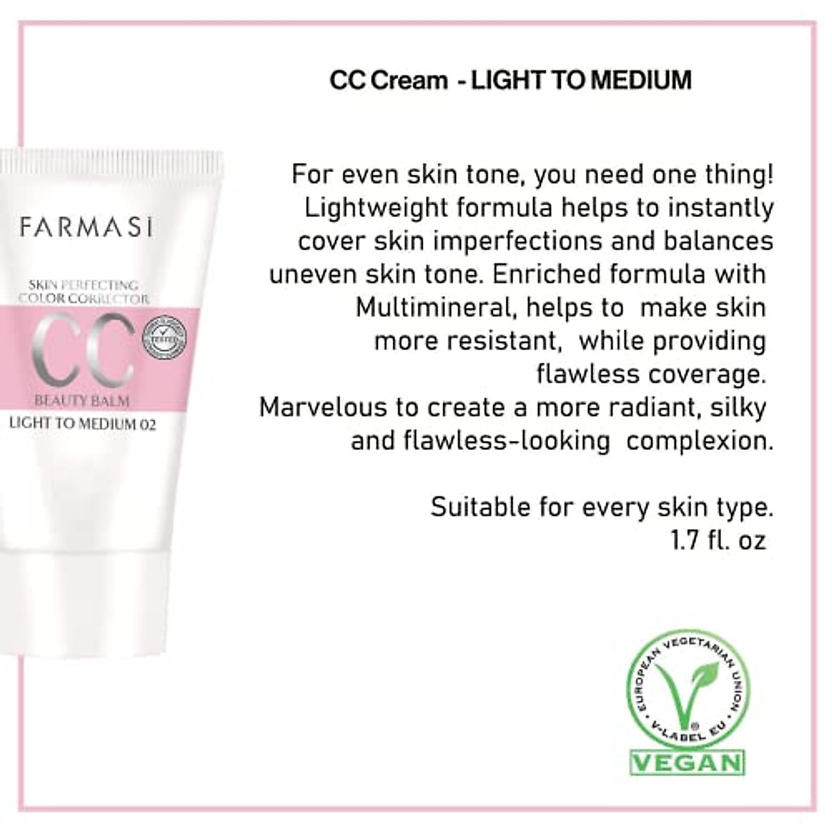 FARMASi CC Color Control Cream, Natural and Flawless Finish, Enriched Formula with Multimineral & Spf 25+, All-Day Hold, All Skin Types, 1.7 fl. oz, Light to Mediuum