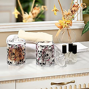 MNSRUU 2 Pack Qtip Holder Organizer Dispenser Pink Floral Skull Bathroom Storage Canister Cotton Ball Holder Bathroom Containers for Cotton Swabs/Pads/Floss