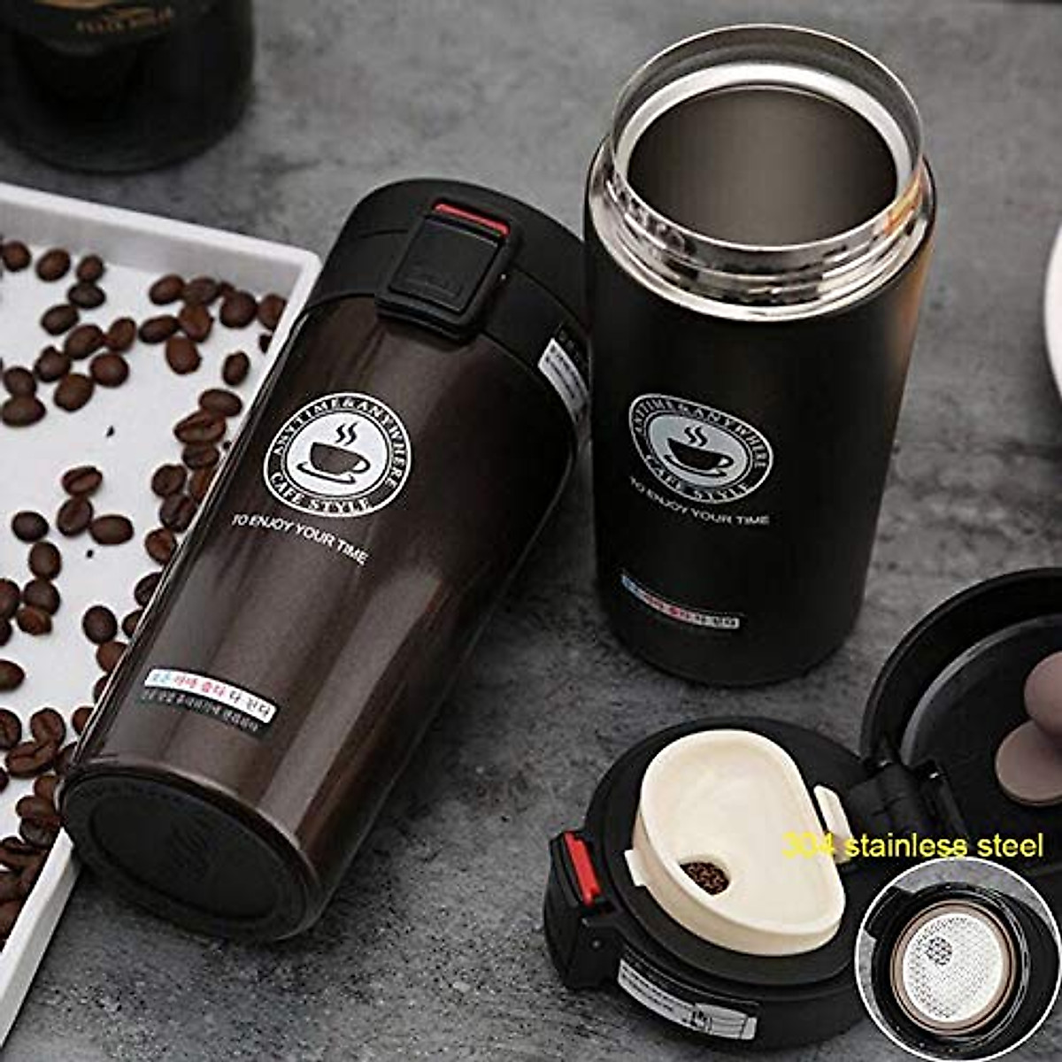 XXHH 380ML 304Food grade stainless steel linerThermos Coffee Mug Double Wall Stainless Steel Tumbler Vacuum Flask bottle thermo Tea mug Travel thermos mug Thermocup. (Black)