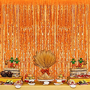 Tifeson 3PCS Thanksgiving Orange Fringe Curtain Party Backdrop for Halloween Party Decorations, Fall Thanksgiving Decorations, Birthday Party Decorations (3.2 x 8.3 ft)