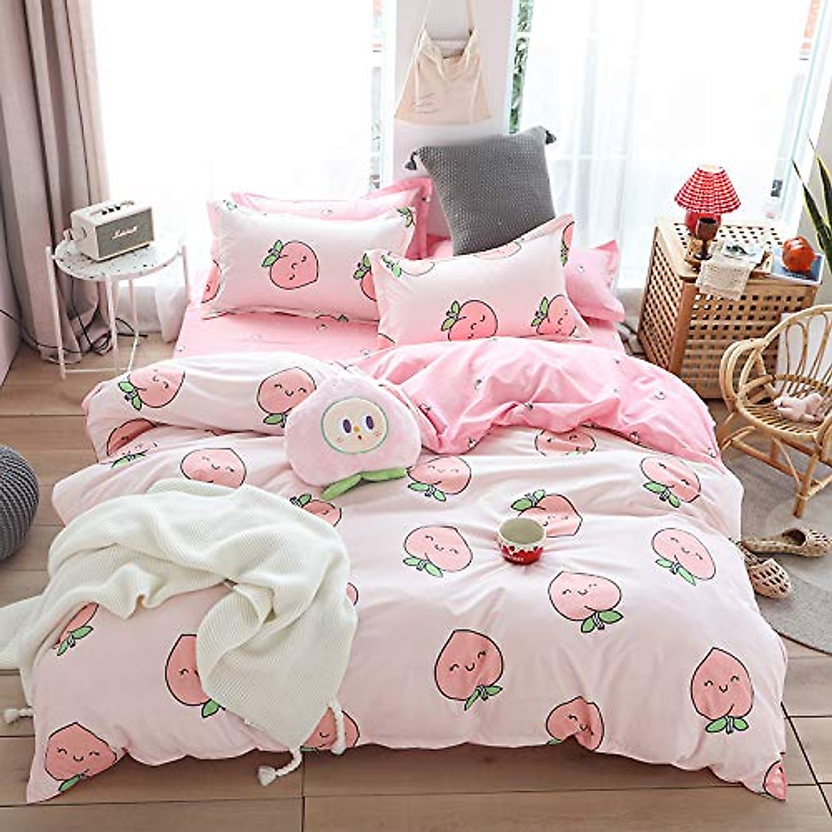 Erosebridal 6 Pieces Peach Bedding Set: Duvet Cover+Fitted Sheet (Full Size)