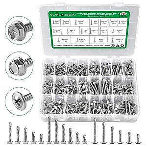 325Pcs Self Drilling Screws Assortment Kit, 410 Stainless Steel Self Tapping Sheet Metal TEK Screws for Metal, Truss & Hex Washer Head #8#10-1/2",5/8",3/4",1",1-1/4",1-1/2"