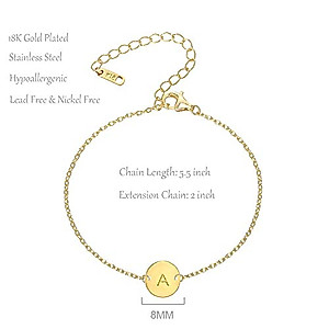 Glimmerst Personalized Initial Bracelet, 18K Gold Plated Stainless Steel Letter A Bracelet Dainty Coin Charm Bracelet Delicate Disc Name Bracelet for Women Girls