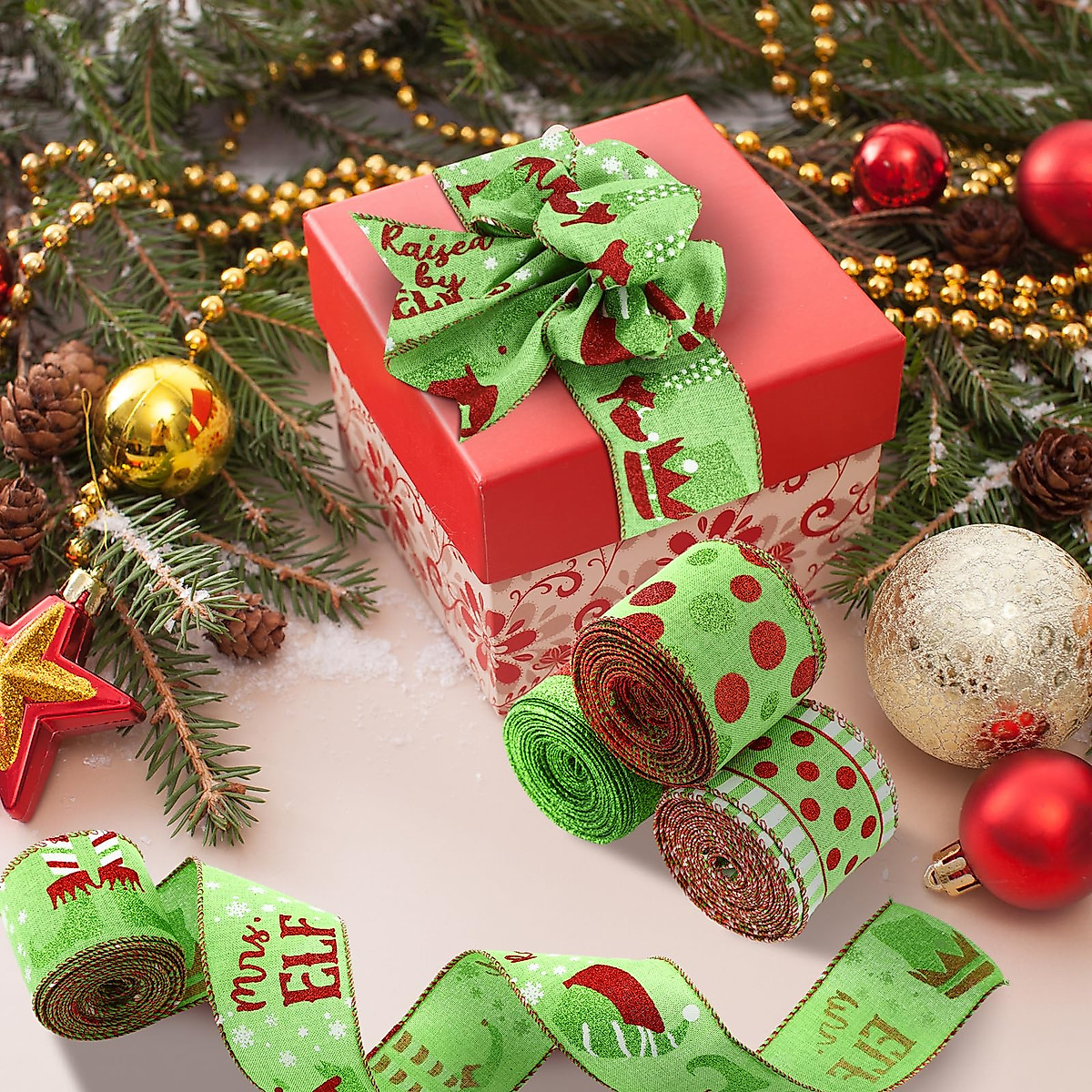 Lyrow 40 Yards Christmas Glitter Wired Edge Ribbon Xmas 2.5 Inch Polka Dot Green Red Elf Hat Craft Ribbon Burlap Decorative Ribbon for Christmas Tree Wreath Wrapping DIY Craft Gifts