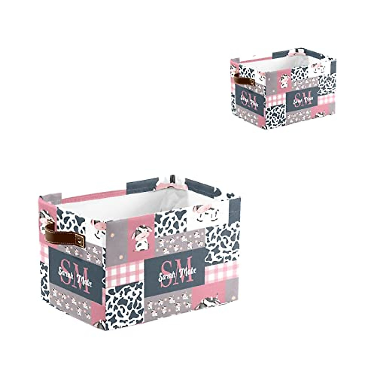 Cow Print Patchwork Custom Storage Basket ,Personalized Storage Bins Cubes Organizer with Handle for Bedroom Wardrobe,Nursery,Basket 1 Pack