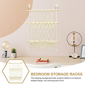 Toyvian Double Layer Hammock for Plush Toy, Macrame Net Tapestry Storage Rack Bookshelf Hammock Decorative Wall Hanging Stuffed Animal Hammock, White Household Wooden Stick Storage Net Bag