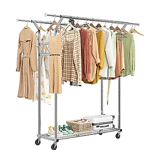 Simple Trending Heavy Duty Double Rod Clothes Rack Load 400 LBS, Metal Commercial Garment Rack, Standing Rolling Clothing Rack for Hanging Clothes with Sturdy Wheels & Shelves, Chrome