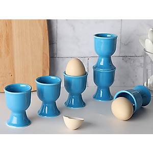 Ceramic Egg Cups Set of 6 Porcelain Egg Stand Holders for Soft Hard Boiled Eggs for Breakfast (Blue)