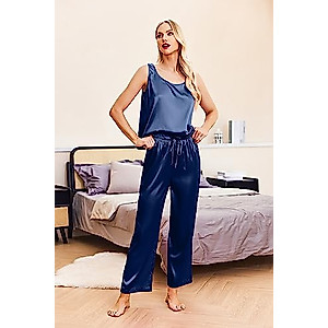 Ekouaer Pyjamas for Women Satin Sleepwear Two Piece Pajamas Silk Pjs Tank Top and Loose Pant Set Nightwear Navy Blue