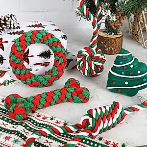 Whaline 7Pcs Christmas Pet Toy Kit Include Chewing Toys, Dog Bandana and Xmas Tree Squeak Toy Red Green Candy Bone Ball Shape Knot Cotton Rope Chew Toys for Small Medium Large Dog Christmas Pet Gifts