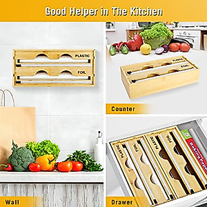 Wizsofer 2 in 1 Foil and Plastic Wrap Organizer, Bamboo Plastic Wrap Dispenser with Cutter and Labels, Plastic Wrap, Wax Paper, Aluminum Foil Organization and Storage for Drawer, Fits with 12" Roll