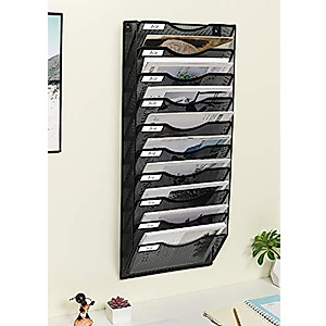 EasyPAG 10 Tier Wall File Organizer Office Mesh Metal Hanging File Folder Holder Magazine Rack, Black