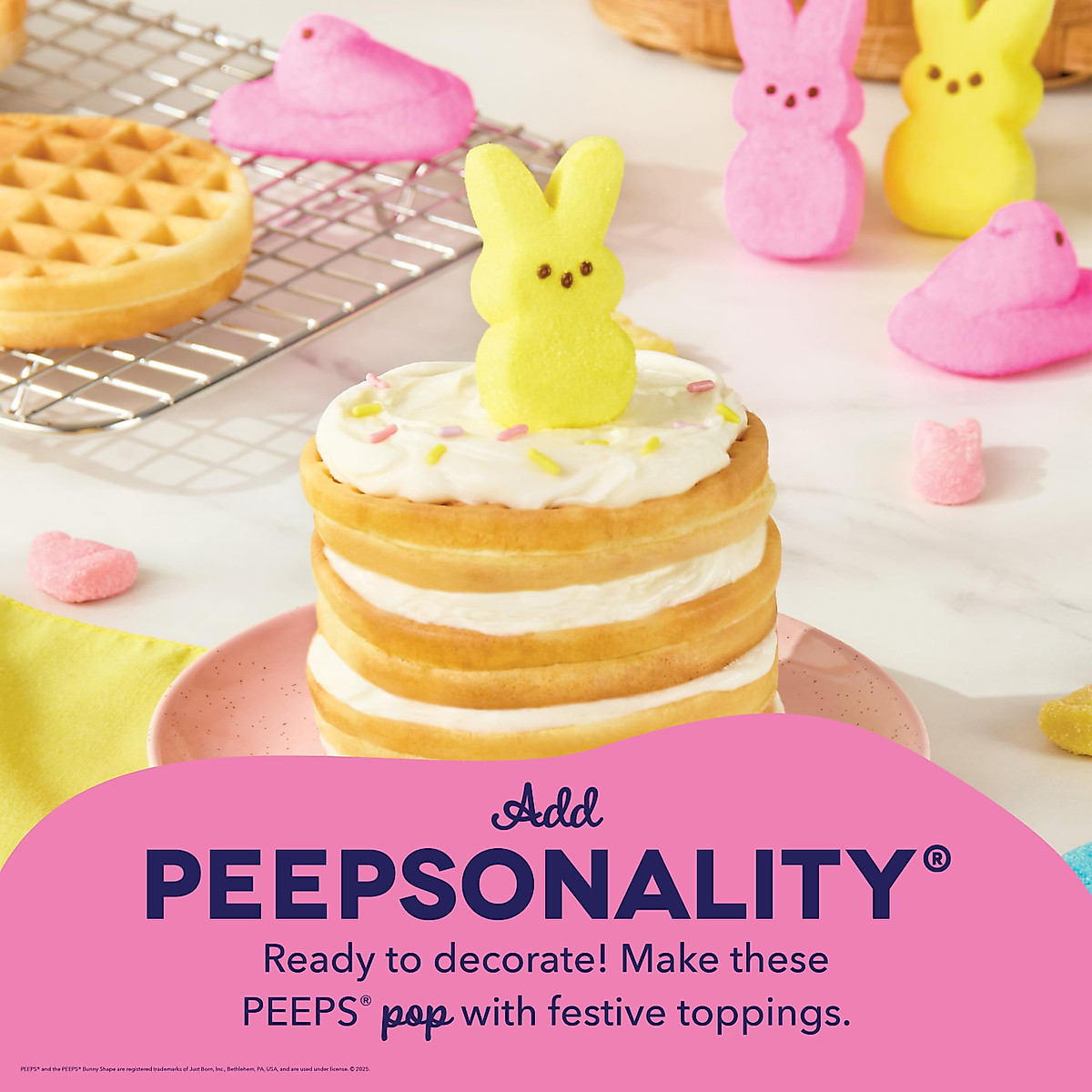 PEEPS x Dash Bunny Mini Waffle Maker for Individual Waffles, Hash Browns, Keto Chaffles with Easy to Clean, Non-Stick Surfaces, 4 Inch - Pink