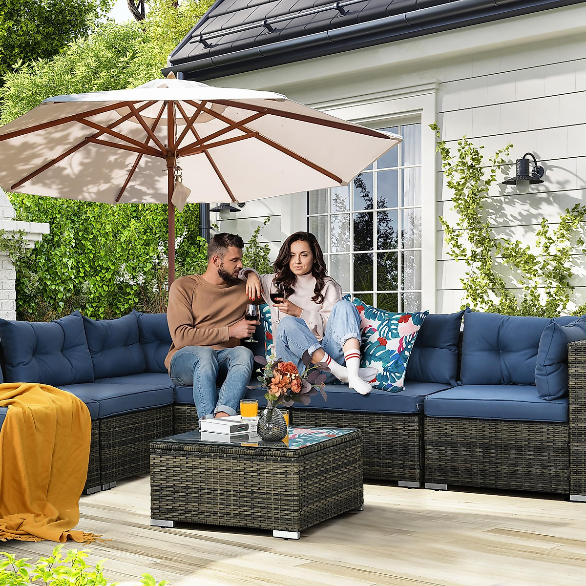DWVO 7 Pieces Patio Furniture Set, All-Weather PE Rattan Outdoor Conversation Set, Wicker Outside Sectional Sofa Couch with Table and Cushions, for Pool Backyard Deck Garden (Navy)