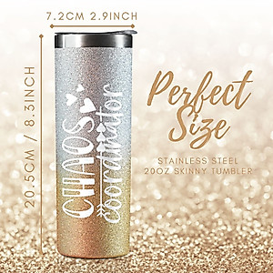 Onebttl Boss Lady Gifts for Women, Chaos Coordinator Tumbler for Boss, Secretary, Manager, Coworkers, Stainless Steel Skinny Tumbler 20oz with Lid and Straw, Glitter Silver & Gold