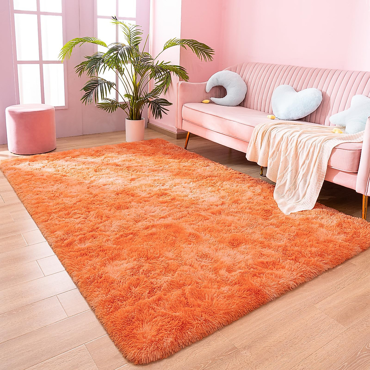 Rtizon Fluffy Rugs for Girls Bedroom, 4x6 Feet Soft Shaggy Orange Area Rug for Kids Playroom Living Room Dorm, Kawaii Tie-Dye Princess Rug for Baby Toddler Nursery, Orange
