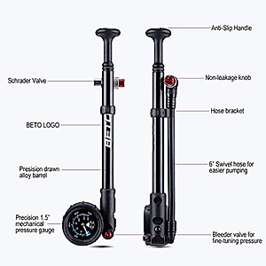 BETO High Pressure Shock Pump - (400 PSI Max) MTB Bike Shock Pump for Fork & Rear Suspension with No-Loss Schrader Valve