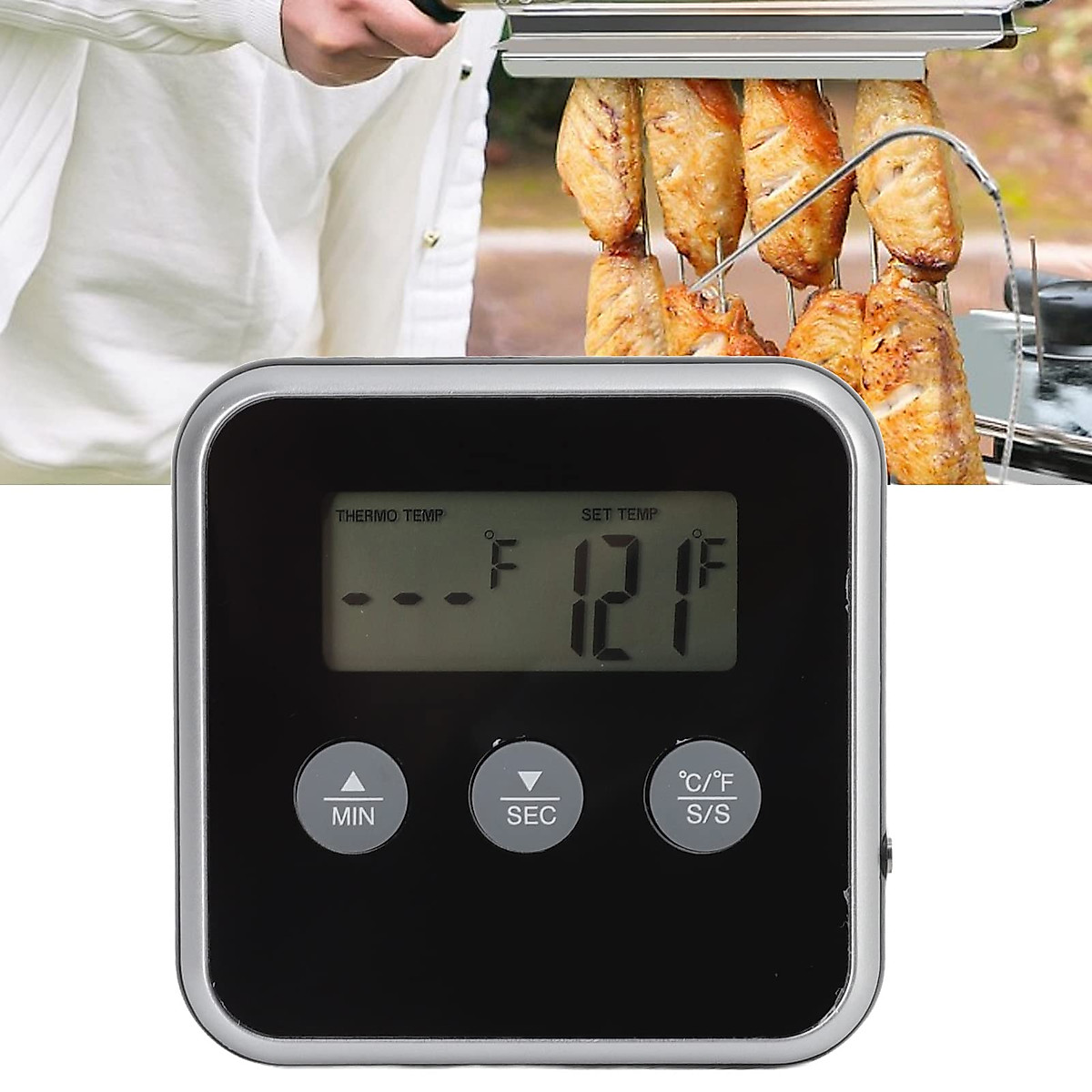 Jeanoko Kichen Timer, 2 Units Battery Powered Safe Food Thermometer LCD Display Long Probe Alarm Function Food Grill Thermometer Multifunctional for Industry for Grill