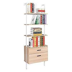WEI WEI GLOBAL 3 Tiers Industrial Wall-Mounted Bookshelf with 2 Wood Drawers & Matte Steel Frame, Oak