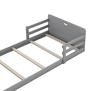 Harper & Bright Designs Twin Size Floor Bed with Storage Footboard and Guardrail, Wood Floor Bed Frame with Solid Wood Slats,Twin Bed Frame for Kids Girls Boys,Gray