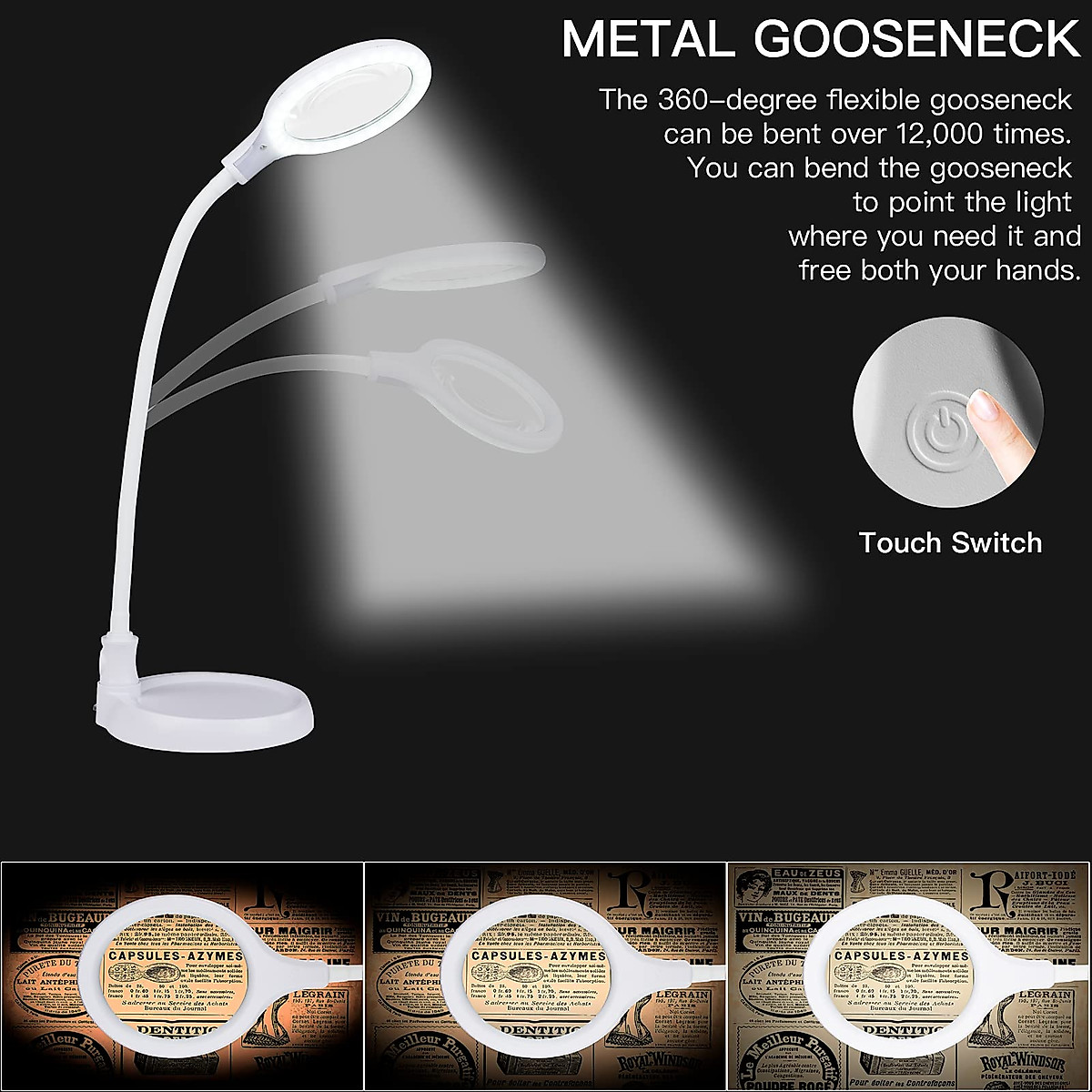 COSYWARM 5X Magnifying Lamp，Lighted Magnifying Glass with Light and Stand Hands Free, Desk Magnifying Light, LED Magnifier Work Lamp for Reading, Crafts, Sewing, Hobbies.