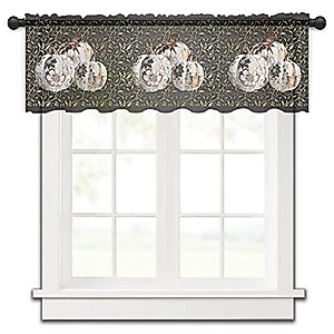 Chiffon Window Valance Kitchen Curtains Fall Thanksgiving Pumpkin Black,Rod Pocket Tier Curtain Light Filter Panel,White Floral Gold Leaves Windows Valances Drapes for Bedroom,Bathroom 54x18In